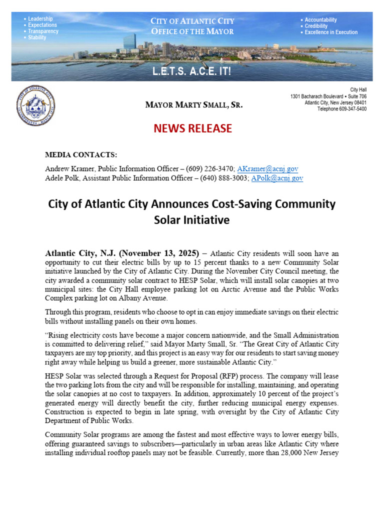 NEWS RELEASE City of Atlantic City Announces Cost Saving Community ...