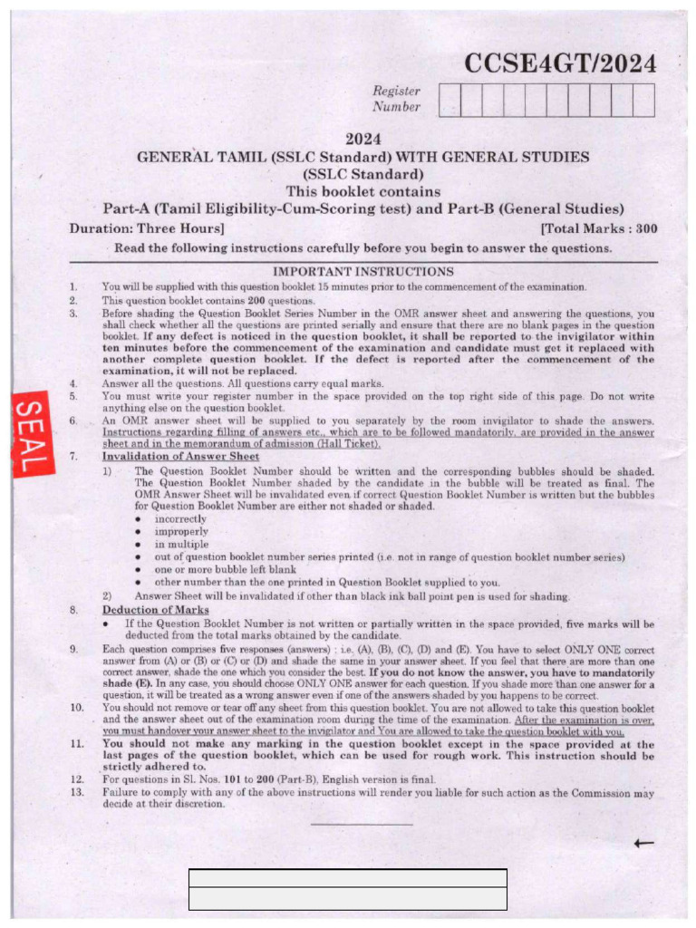 Tnpsc Group 4 General Studies Question Paper 2024 | PDF
