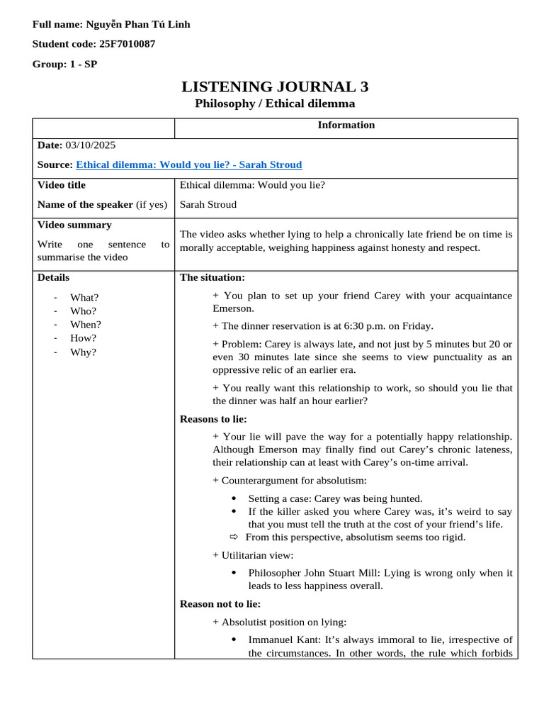 Listening Journal 3 | PDF | Utilitarianism | John Stuart Mill