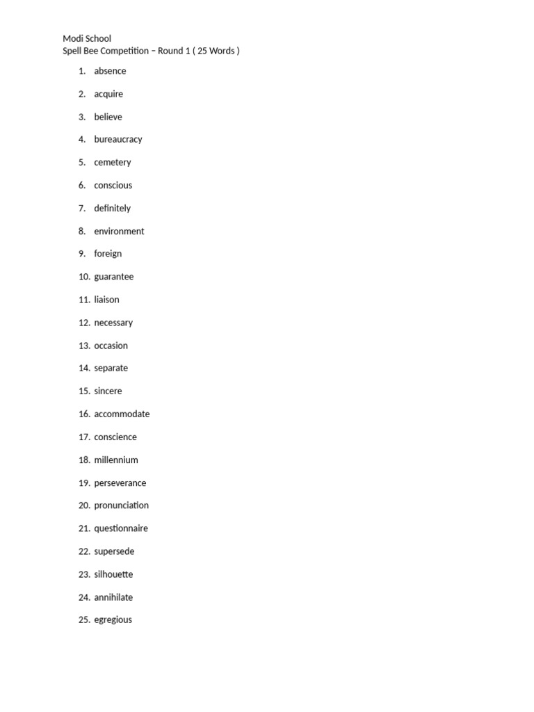 Spell Bee - Round 1 | PDF