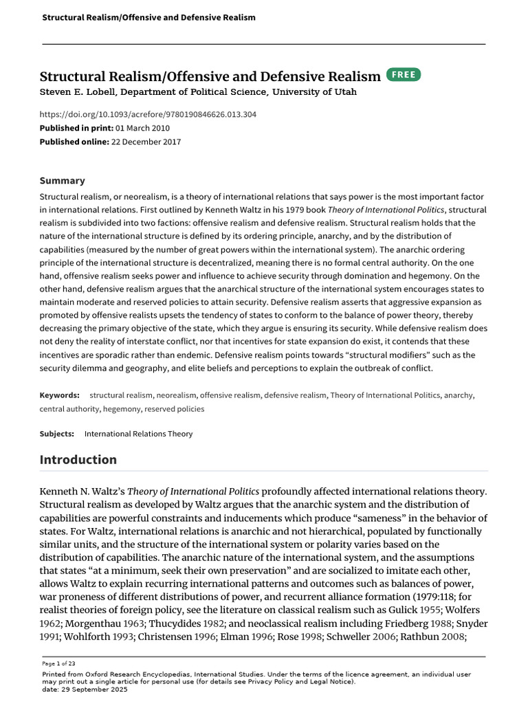 Offensive vs. Defensive Realism Explained | PDF | Philosophical ...