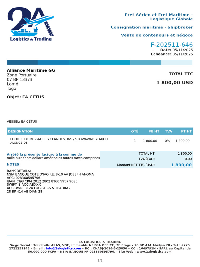 Facture EA CETUS - 1 800 USD | PDF