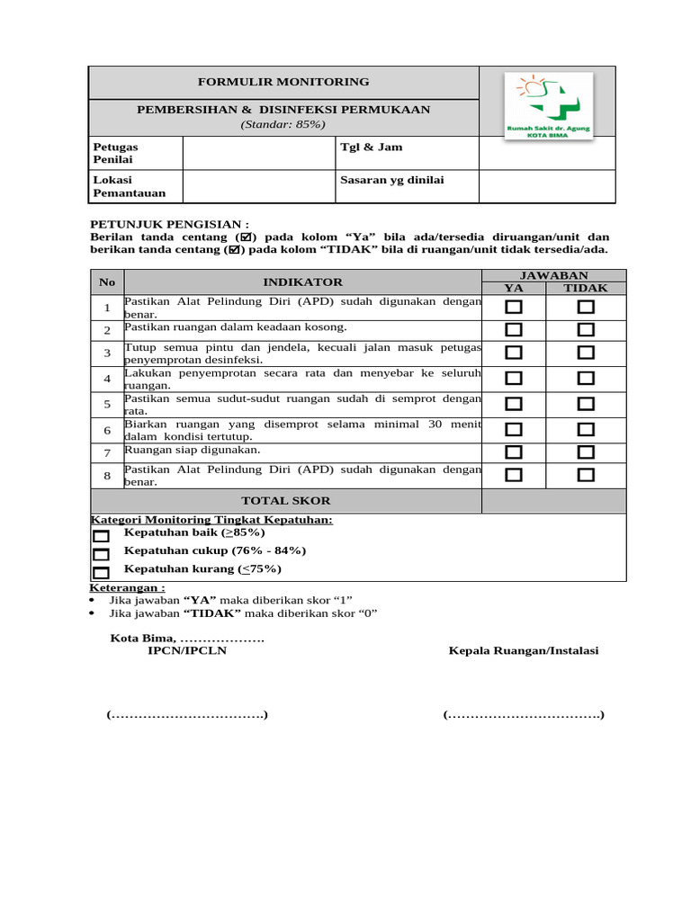 Formulir Monitoring Pembersihan & Disinfeksi Permukaan | PDF