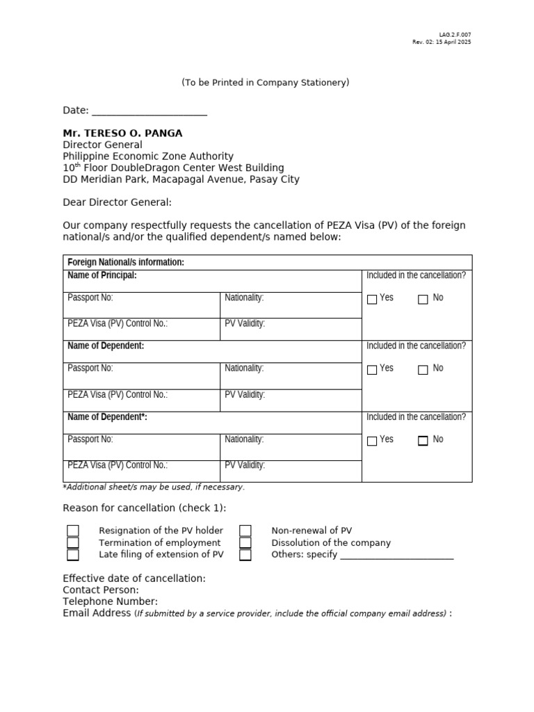 PEZA Visa Cancellation Request Form | PDF | Travel Visa | Government ...