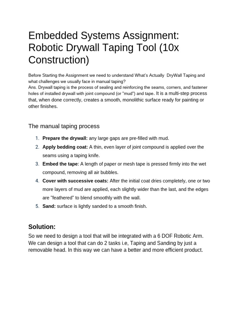 Embedded Systems Assignment - Robotic Drywall Taping Tool (10x Construction) | PDF | Electric ...