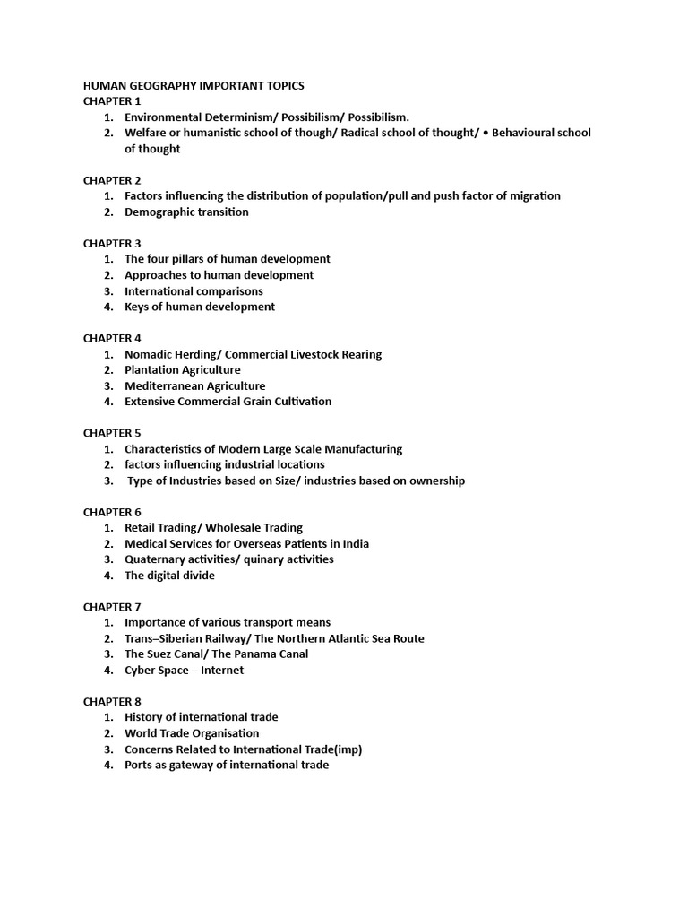 Human Geography Imp Topics | PDF