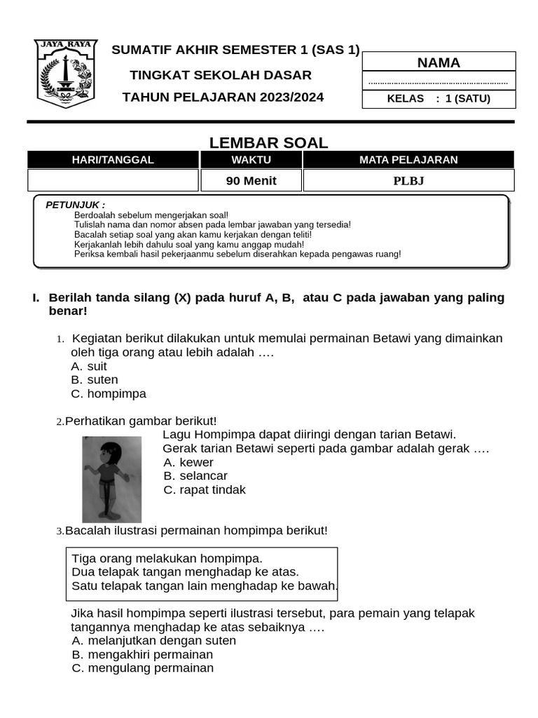 Ct Soal Sas 1 Kelas 1 Mapel Plbj 2023 | PDF
