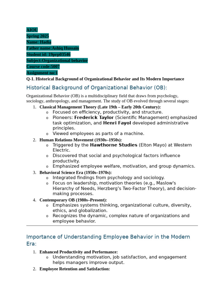 Historical Background of Organizational Behavior (OB) | PDF ...