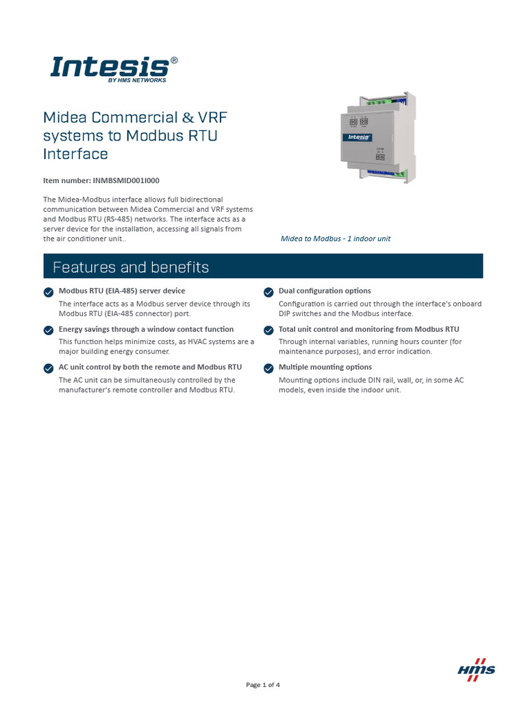 Hms INMBSMID001I000 en Midea Commercial VRF Systems To Modbus RTU ...
