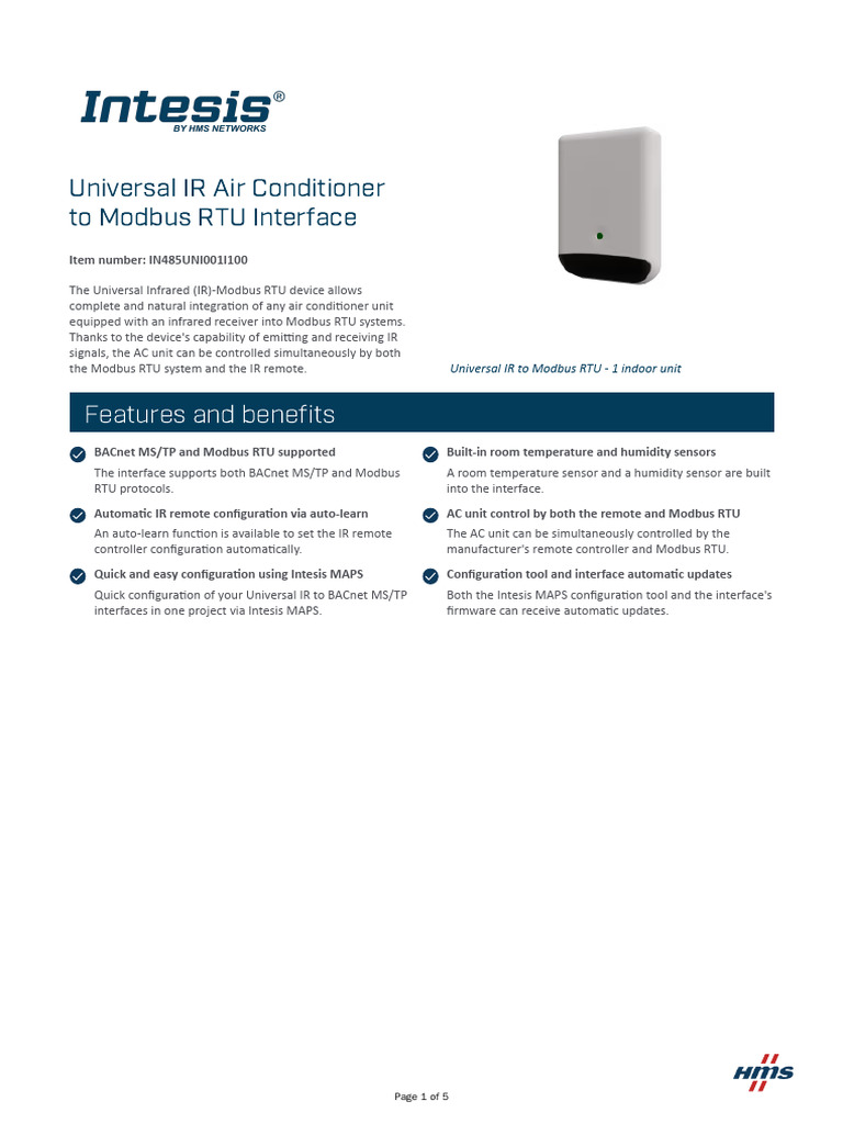 Hms IN485UNI001I100 MBS UNI en Universal IR Air Conditioner To Modbus ...