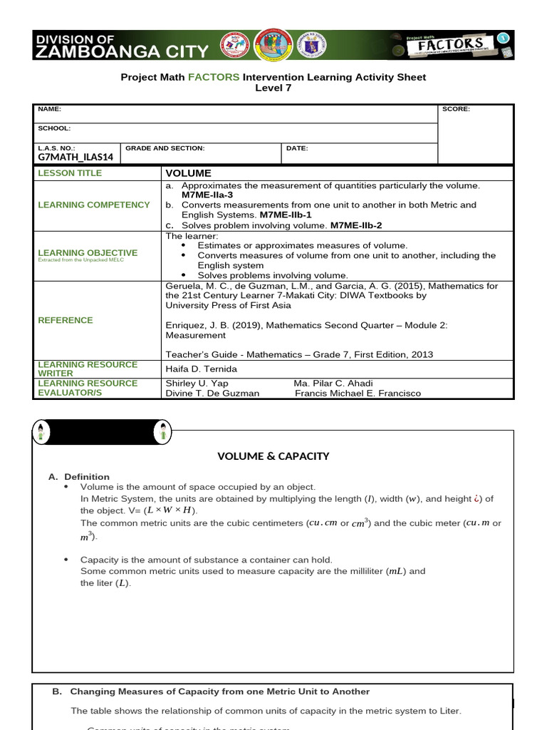 g7 Math Ilas14 | PDF | Volume | Litre