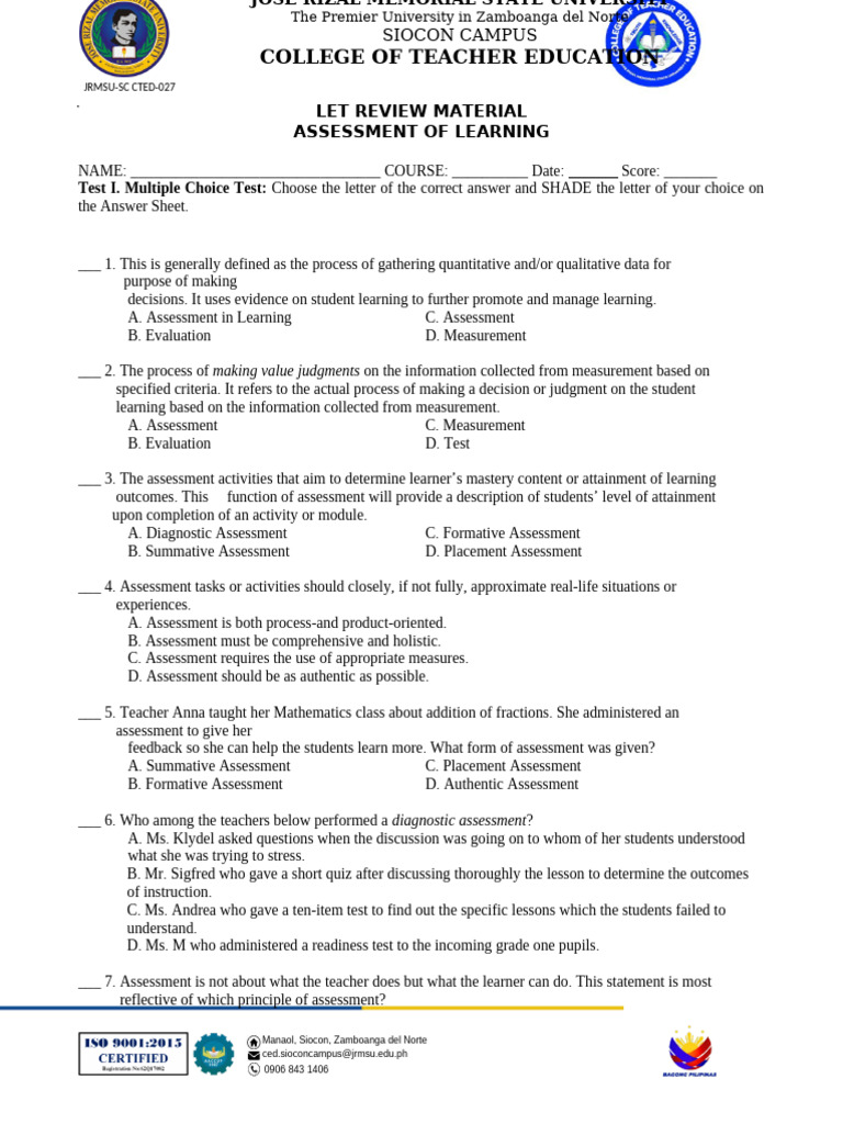 Assesment Let | PDF | Educational Assessment | Cognition