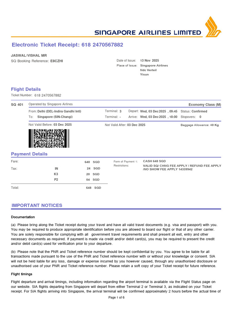 SIA E-Ticket - 618 2470567882 | PDF | Airlines