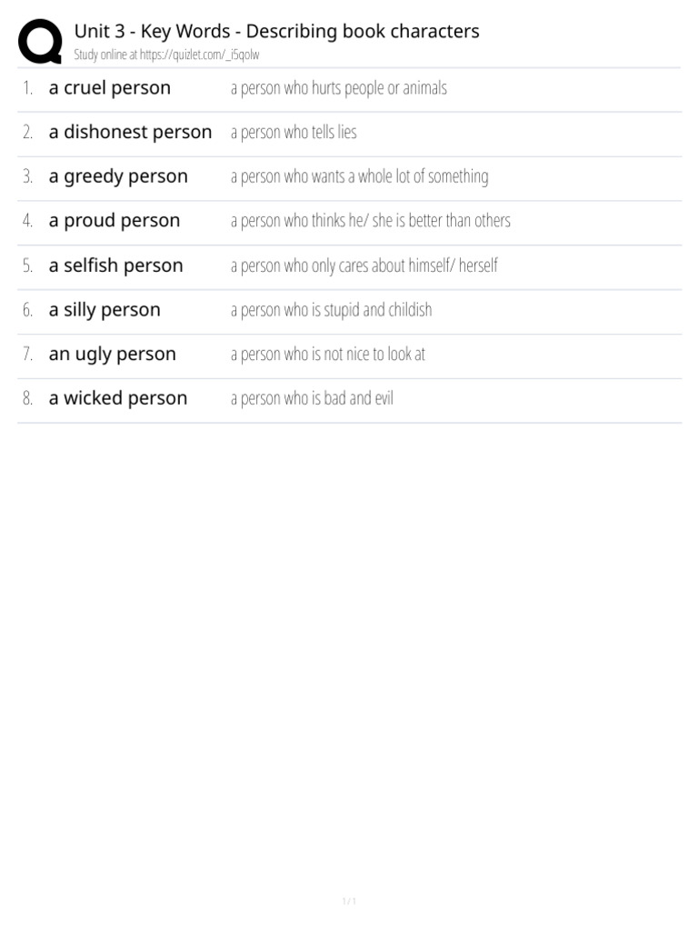 Unit 3 - Key Words - Describing Book Characters | PDF