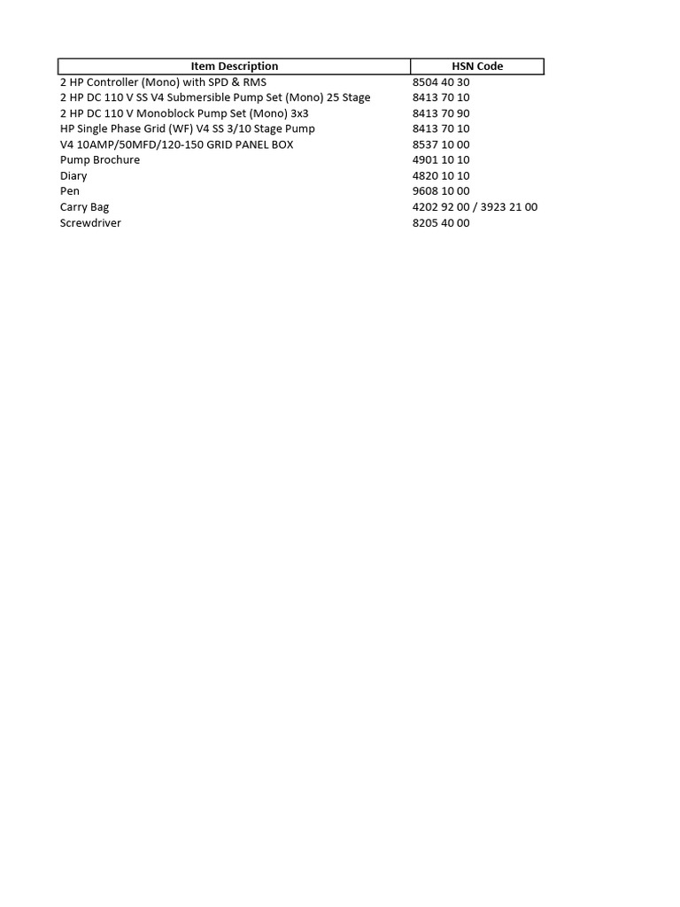Pump and Accessory Item Codes | PDF
