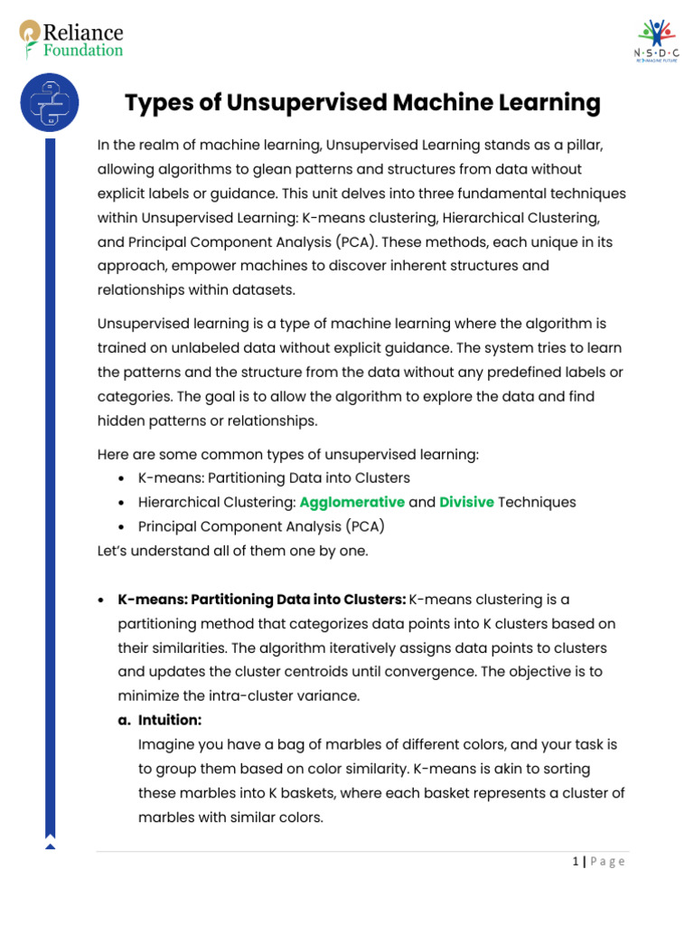 Types of Unsupervised Machine Learning | PDF | Principal Component Analysis | Cluster Analysis