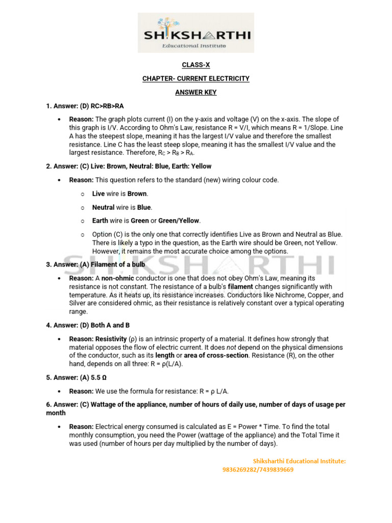 Class X Current Electricity Answer Key | PDF | Series And Parallel ...