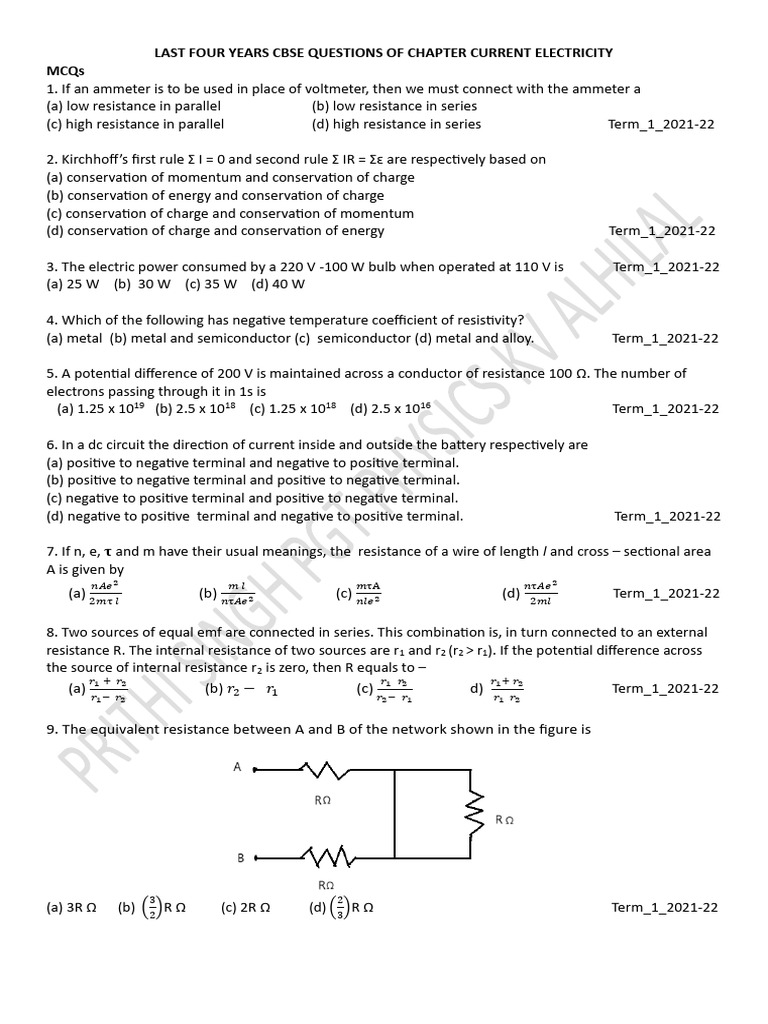 CBSE Current Electricity MCQs Guide | PDF | Electrical Resistivity And ...
