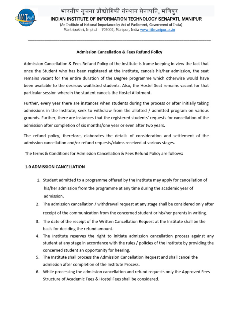Admission Cancellation Fees Refund Policy | PDF | Common Law | Justice