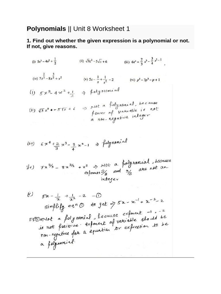 Polynomials Unit 8 Worksheet Guide | PDF