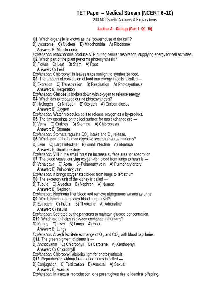 TET Medical Stream MCQs: Biology 6-10 | PDF | Learning | Atoms