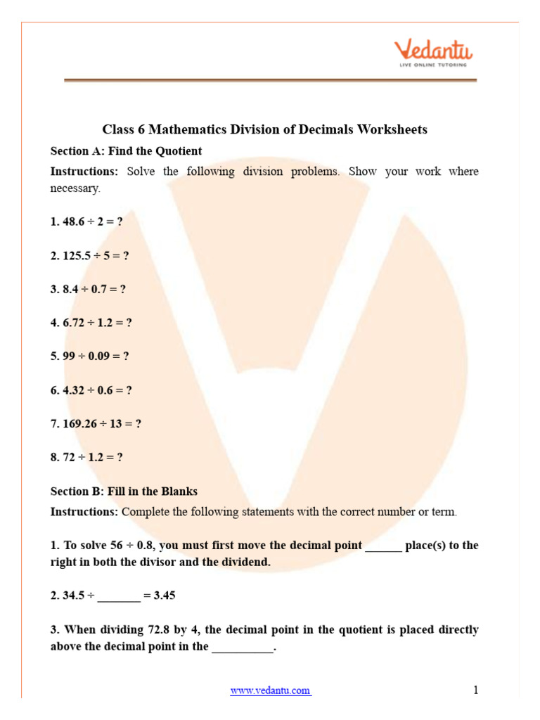 Class 6 Decimal Division Worksheets | PDF | Division (Mathematics ...