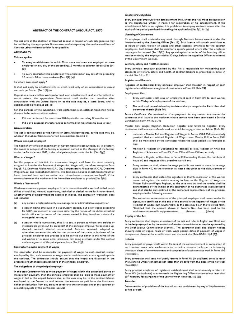 Abstract Under The Contract Labour (Regulation and Abolition) Act, 1970 ...