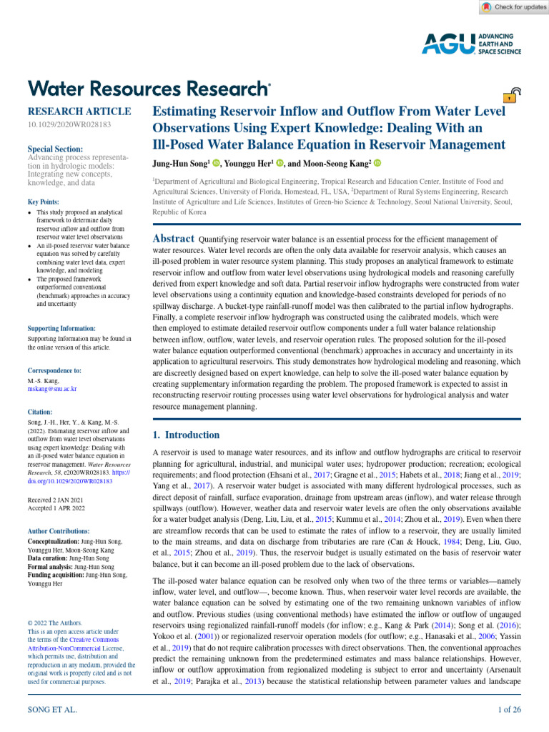 Water Resources Research - 2022 - Song - Estimating Reservoir Inflow ...