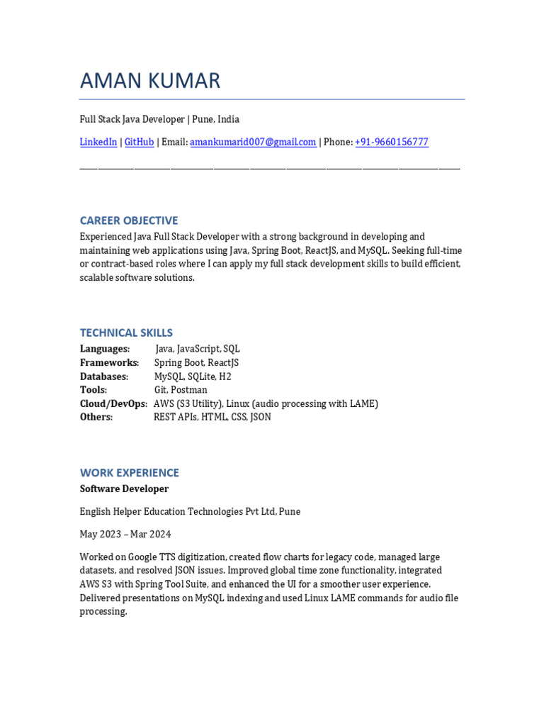 Aman Kumar Java FullStack Resume | PDF