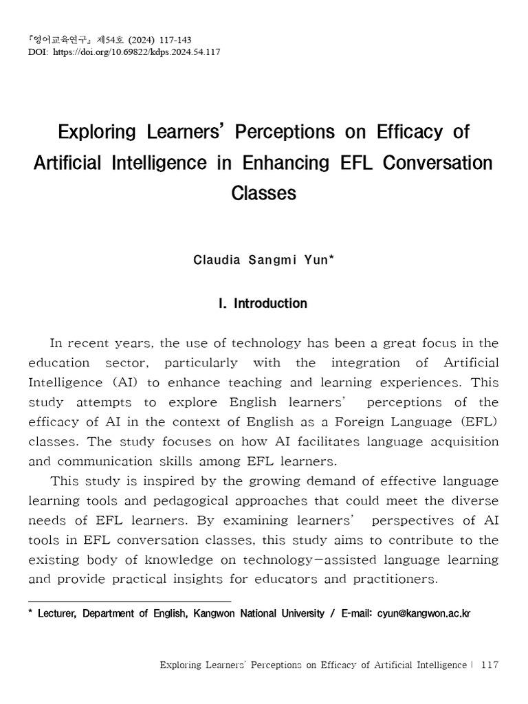Exploring Learners’ Perceptions on Efficacy of Artificial Intelligence in Enhancing EFL ...