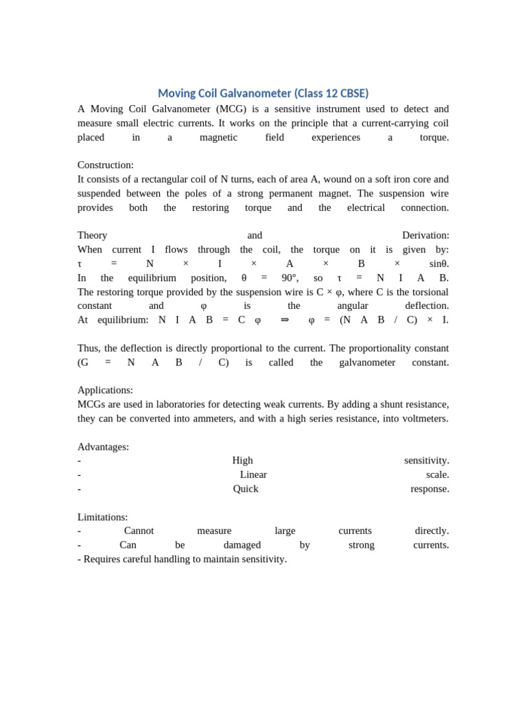 Moving Coil Galvanometer Overview | PDF