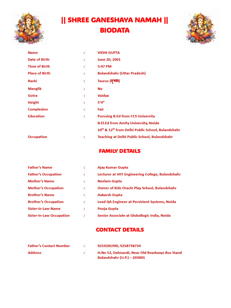 Vidhi Gupta BioData | PDF
