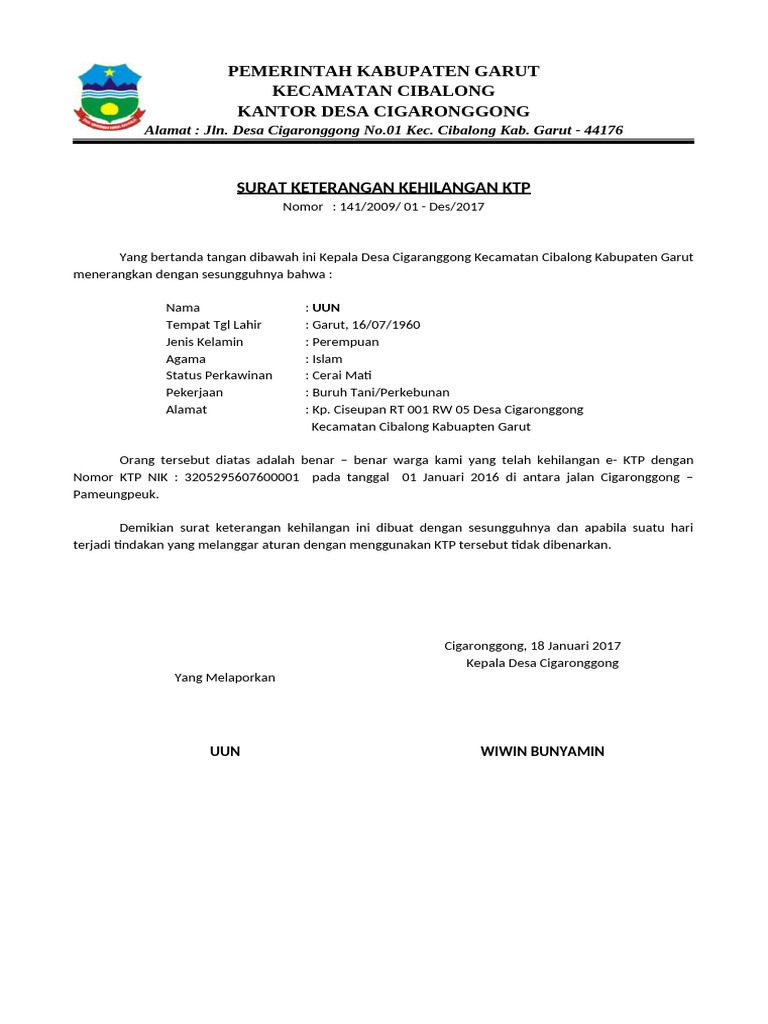 Surat Keterangan Kehilangan KTP Garut | PDF