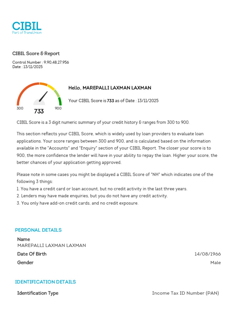 CIBIL Score Report for Marepalli Laxman | PDF | Finance & Money ...