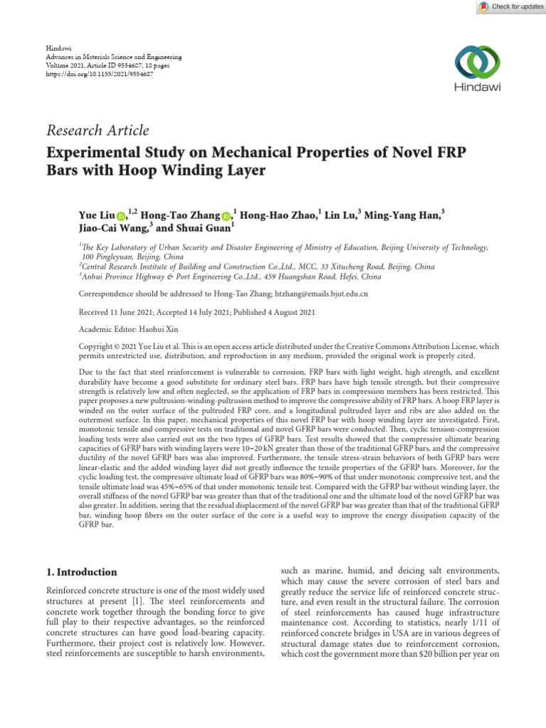 2021 Experimental Study On Mechanical Properties of Novel FRP Bars Bars ...