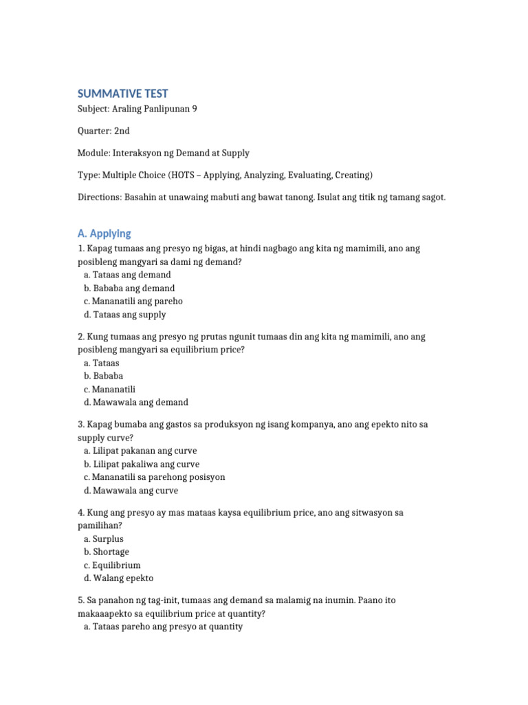 Summative Test Interaksyon Demand Supply AP9 | PDF