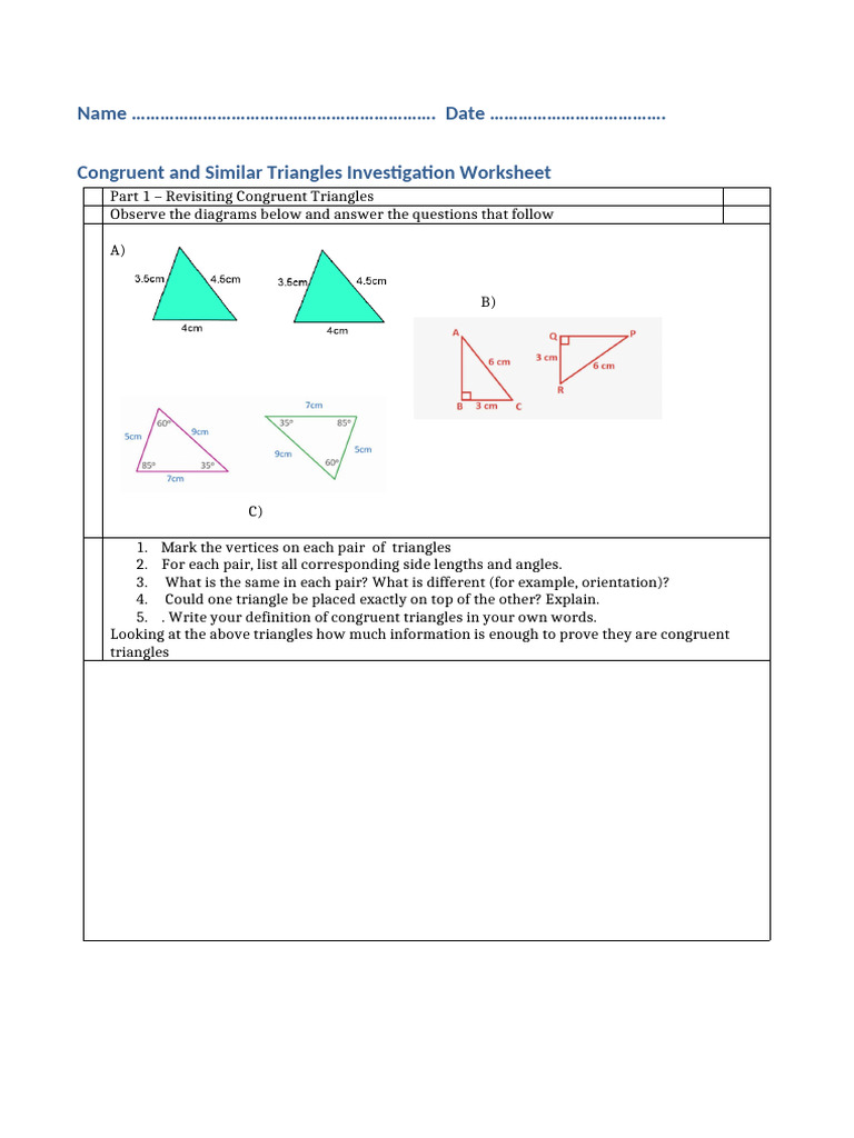 Congruent and Similar Triangles Worksheet | PDF