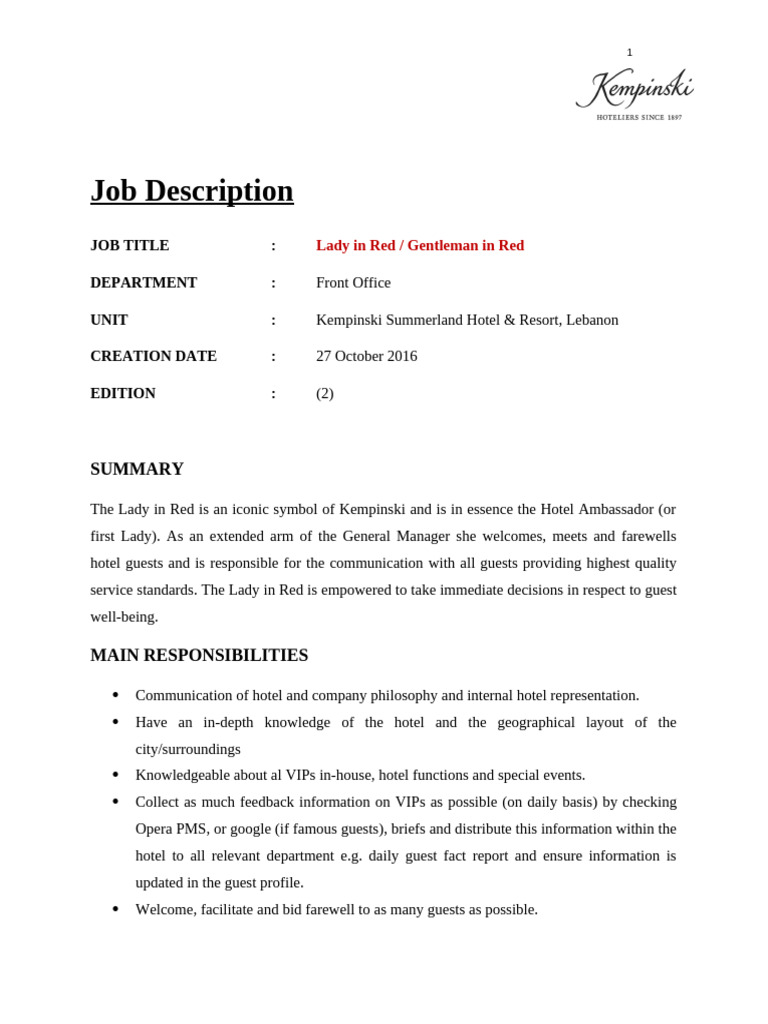Job Description - Lady in Red - Gentleman in Red | PDF | Hotel ...