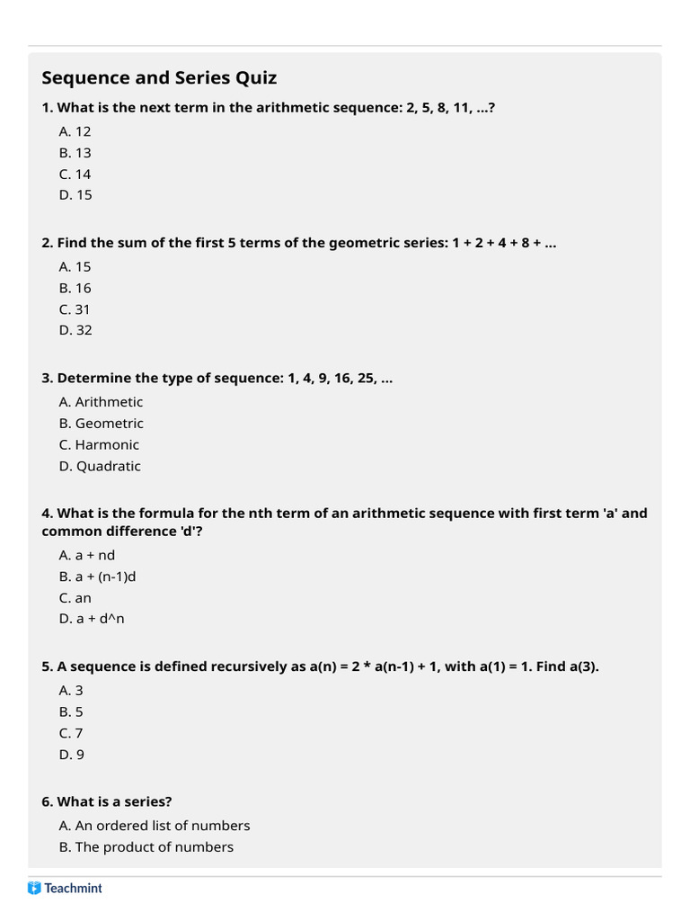 Sequence and Series Quiz Questions | PDF