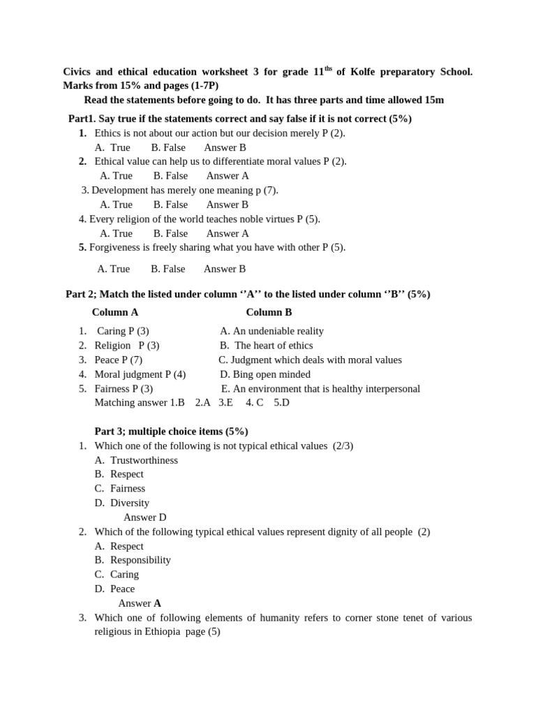 Civics and Ethical Education Worksheet 3 For Grade 11 | PDF