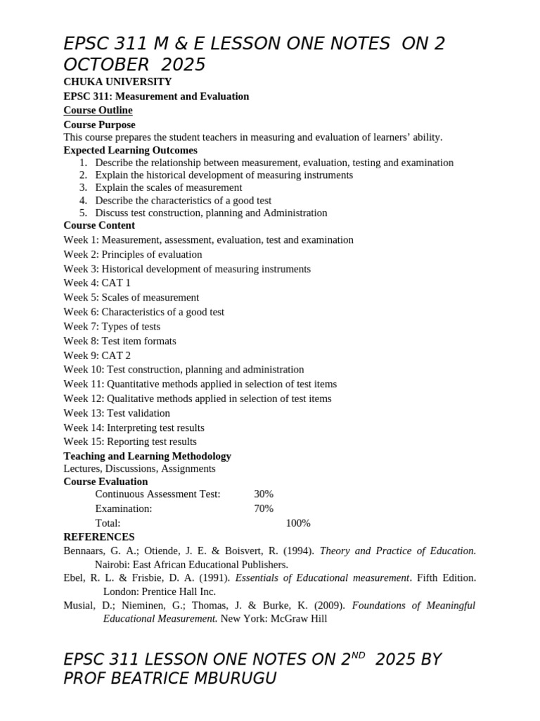 Epsc 311 M&e Lesson 1 On 2ND October 2025 | PDF | Educational ...
