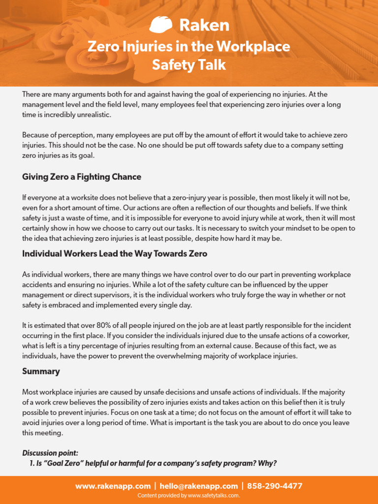 Zero Injuries in The Workplace Safety Talk | PDF | Safety ...