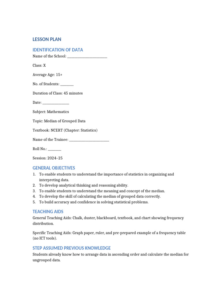 Median of Grouped Data Lesson Plan | PDF | Median | Lesson Plan