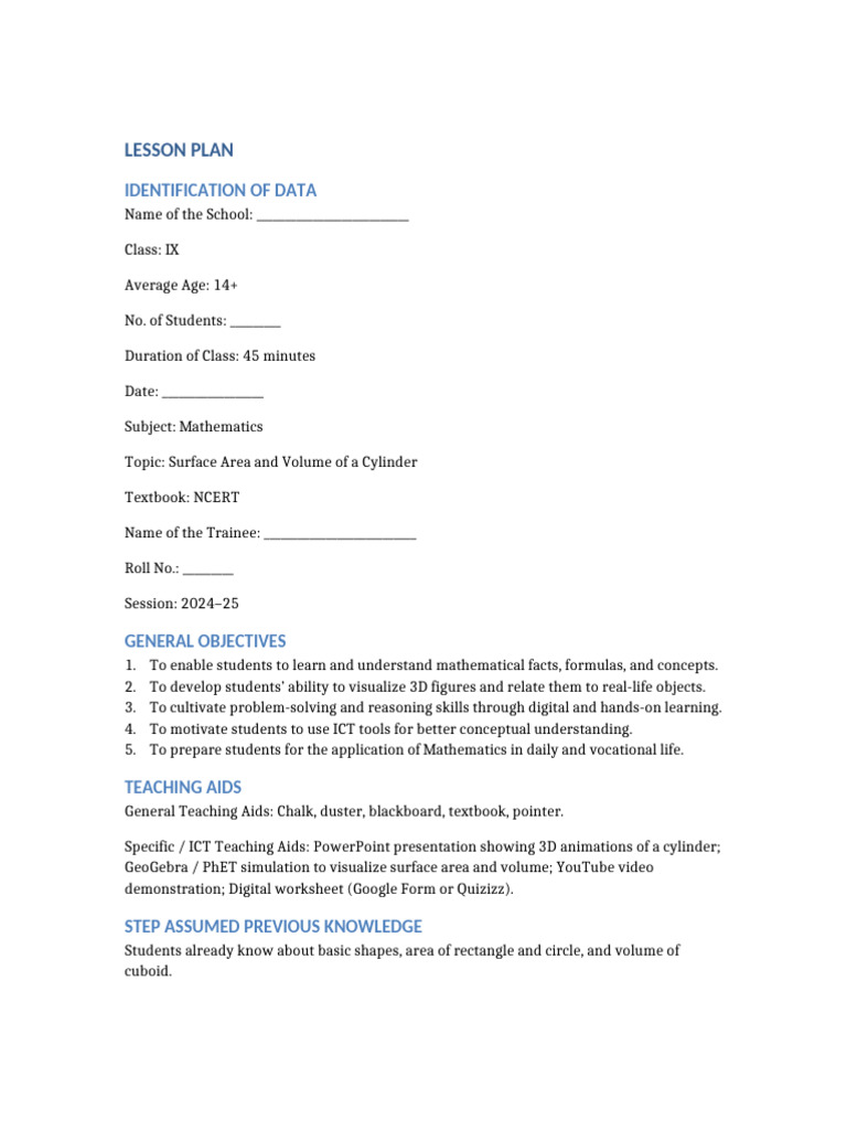 Cylinder Surface Area & Volume Lesson Plan | PDF | Area | Volume