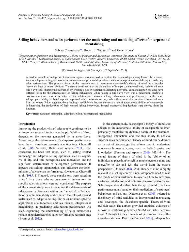 Selling Behaviours and Sales Performance | PDF | Sales | Theory Of Mind