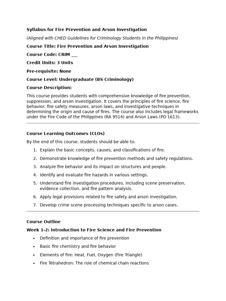 Syllabus For Fire Prevention and Arson Investigation | PDF | Fires ...