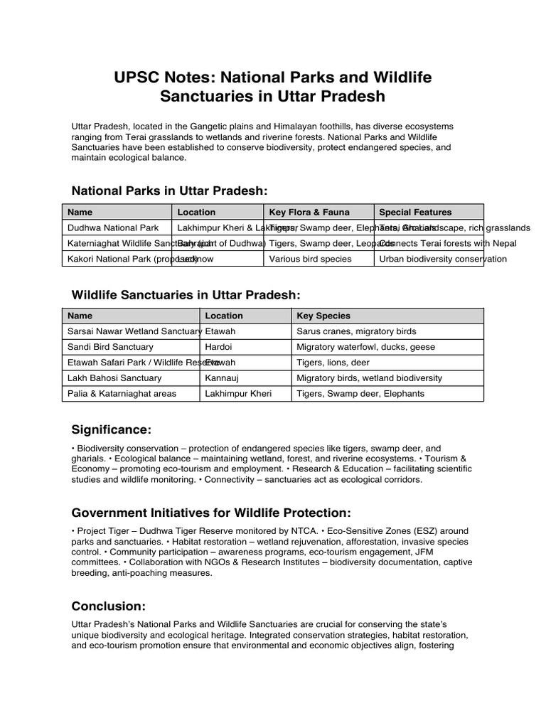 National Parks and Wildlife Sanctuaries UPSC Notes | PDF | Wetland ...