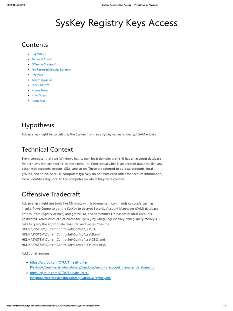 SysKey Registry Keys Access - Threat Hunter Playbook | PDF | Windows ...
