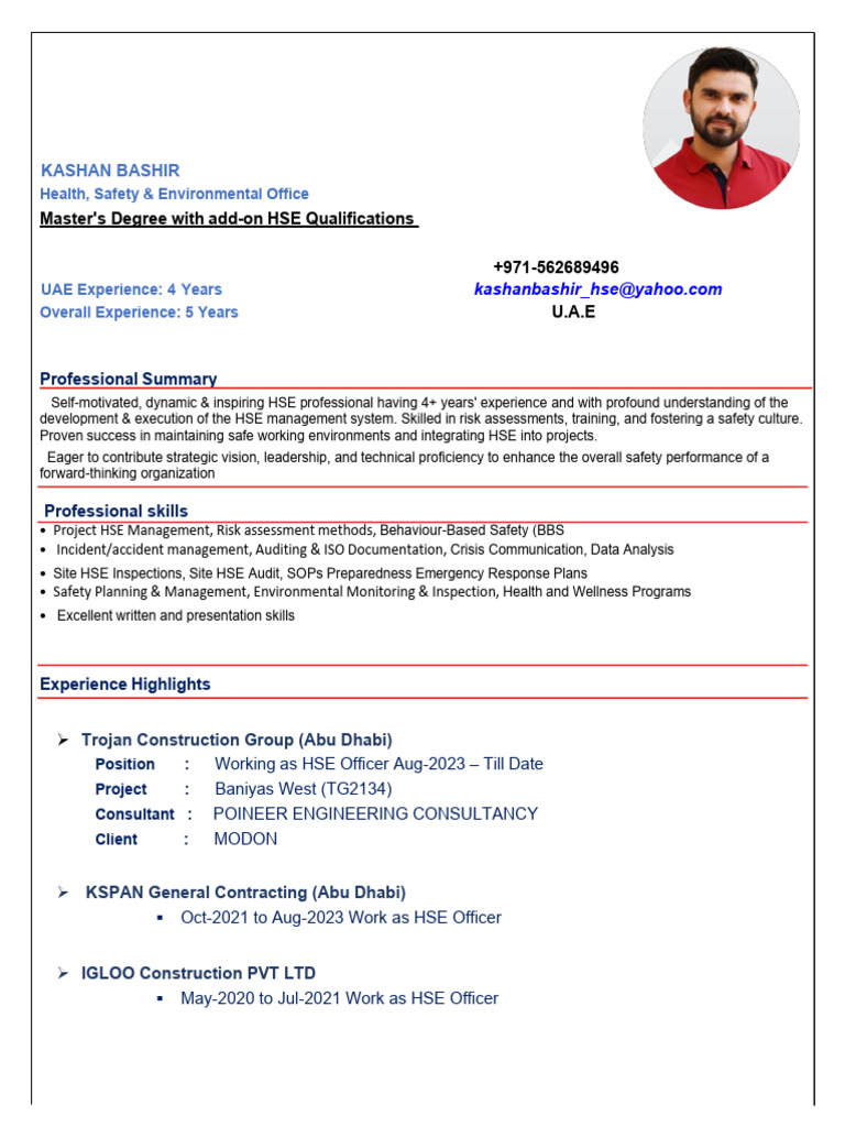 KASHAN BASHIR CV- | PDF | Occupational Safety And Health | Safety