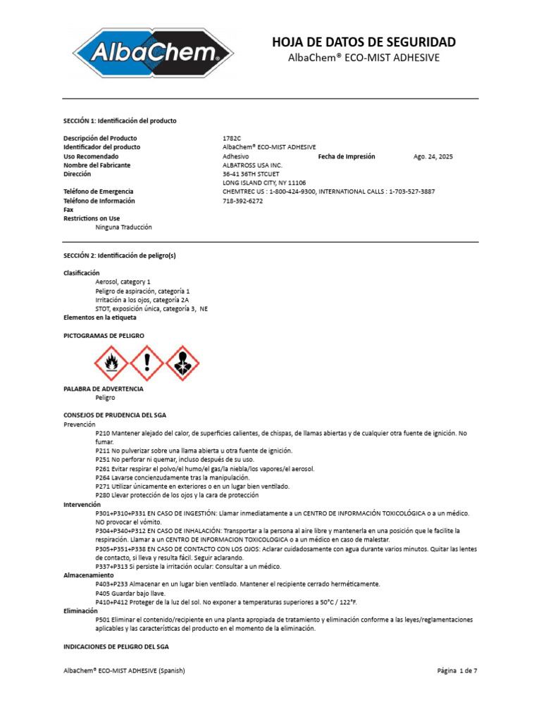 AlbaChem® ECO-MIST ADHESIVE 1782 | PDF | Combustión | Agua